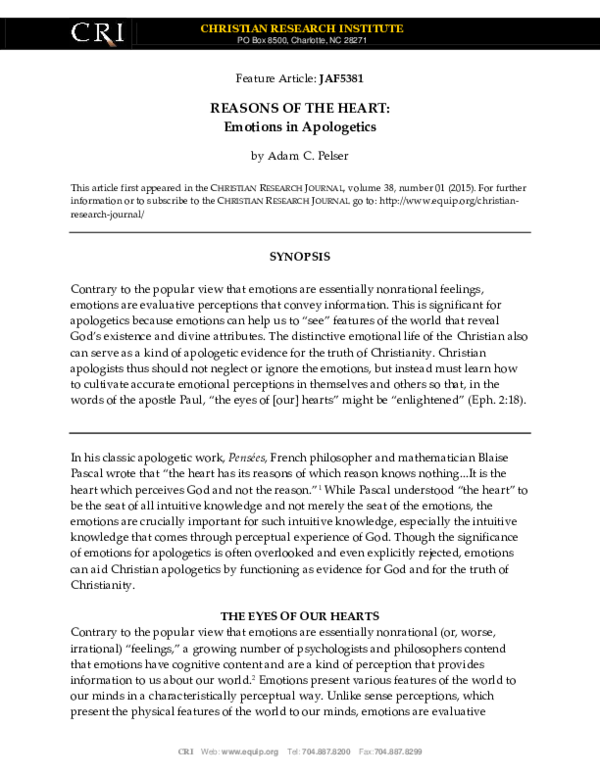 (PDF) Reasons of the Heart: Emotions in Apologetics