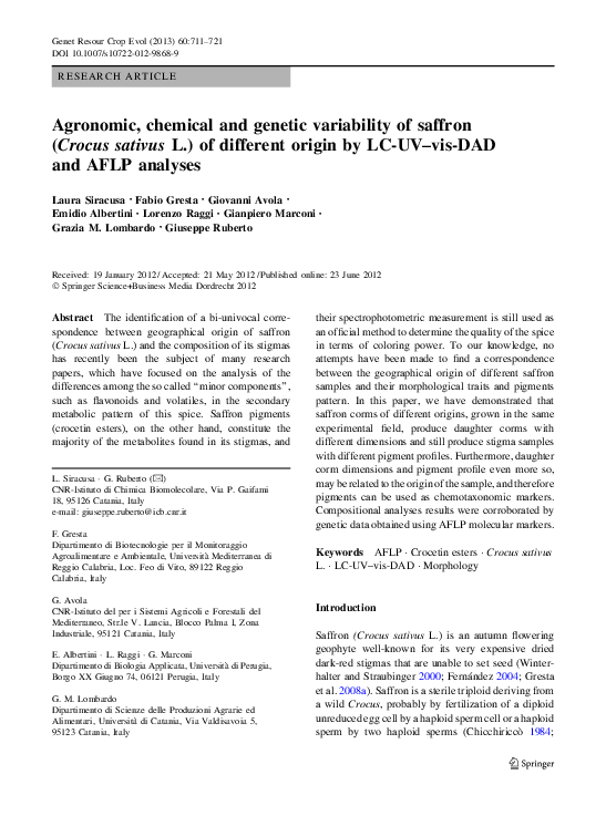 (PDF) Agronomic, chemical and genetic variability of saffron (Crocus ...