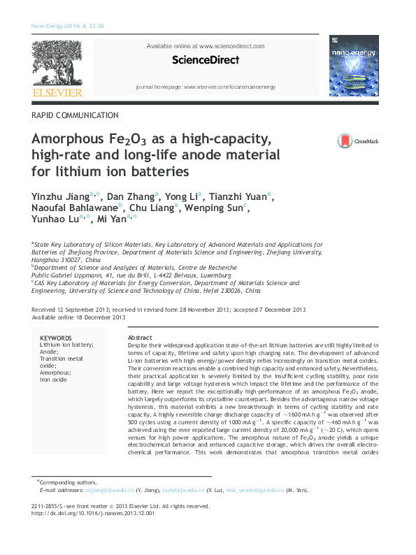 (PDF) Amorphous Fe2O3 as a high-capacity, high-rate and long-life anode ...