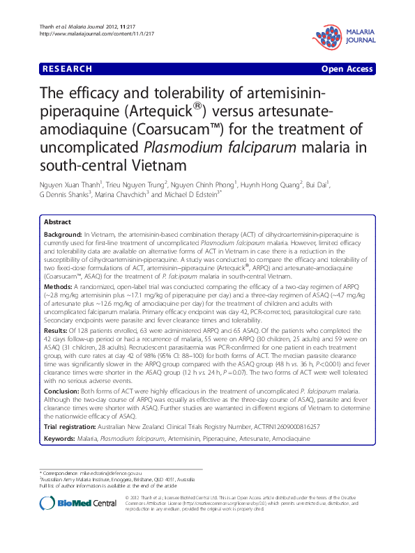 (PDF) The efficacy and tolerability of artemisinin-piperaquine ...
