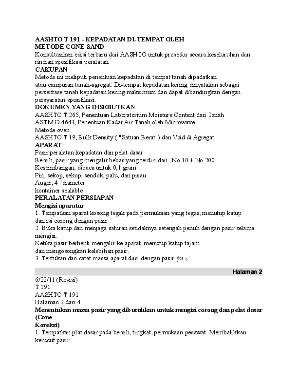 (DOC) AASHTO T 191 -KEPADATAN DI-TEMPAT OLEH METODE CONE SAND & kendali ...