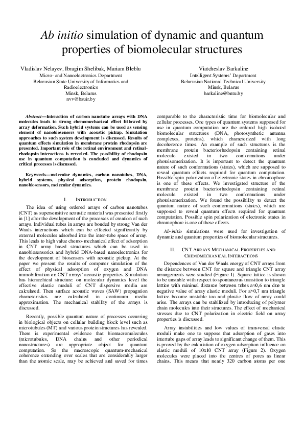 (PDF) Ab initio simulation of dynamic and quantum properties of biomolecular structures