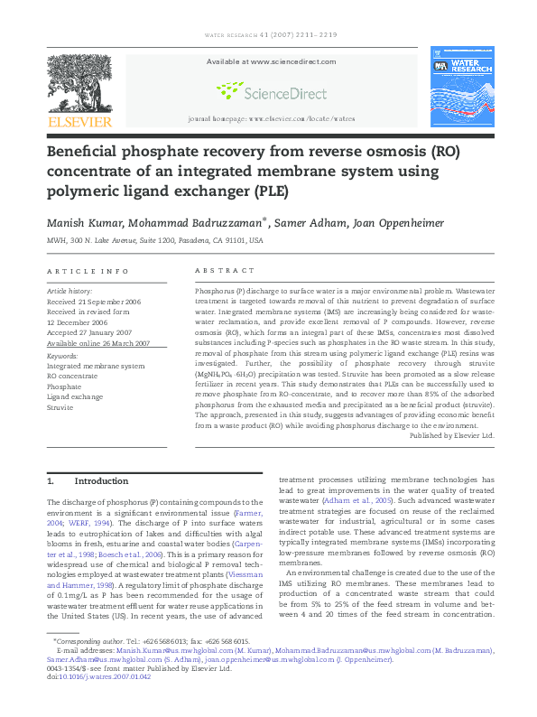 (PDF) Beneficial phosphate recovery from reverse osmosis (RO ...