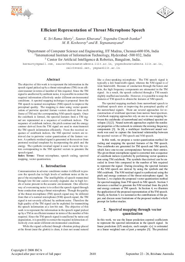 (PDF) Efficient representation of throat microphone speech
