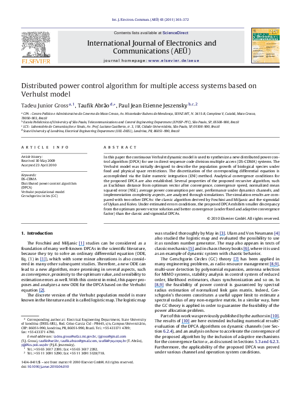 Pdf Distributed Power Control Algorithm For Multiple Access Systems Based On Verhulst Model