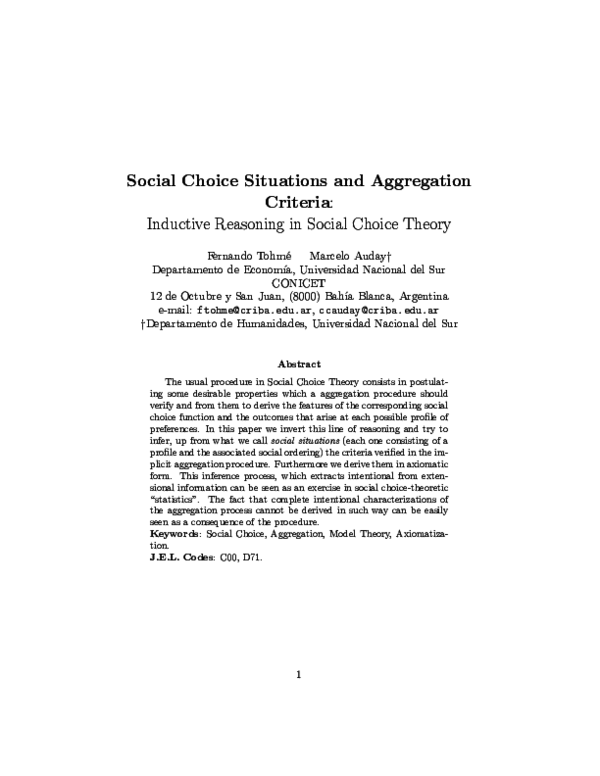 (PDF) Social Choice Situations and Aggregation Criteria: Inductive ...