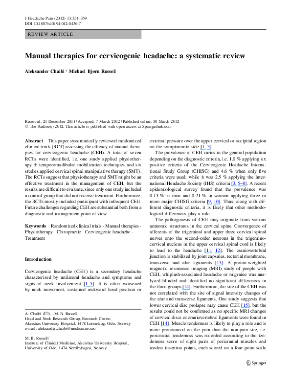 (PDF) Manual therapies for cervicogenic headache: a systematic review