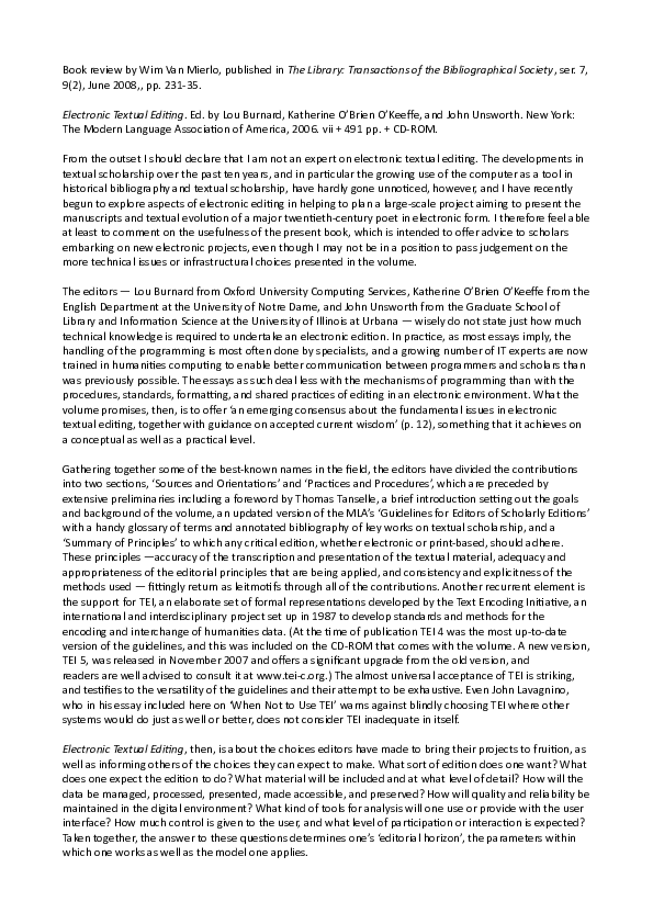 (PDF) Electronic Textual Editing. Ed. by Lou Burnard, Katherine O'Brien O'Keeffe, and John Unsworth