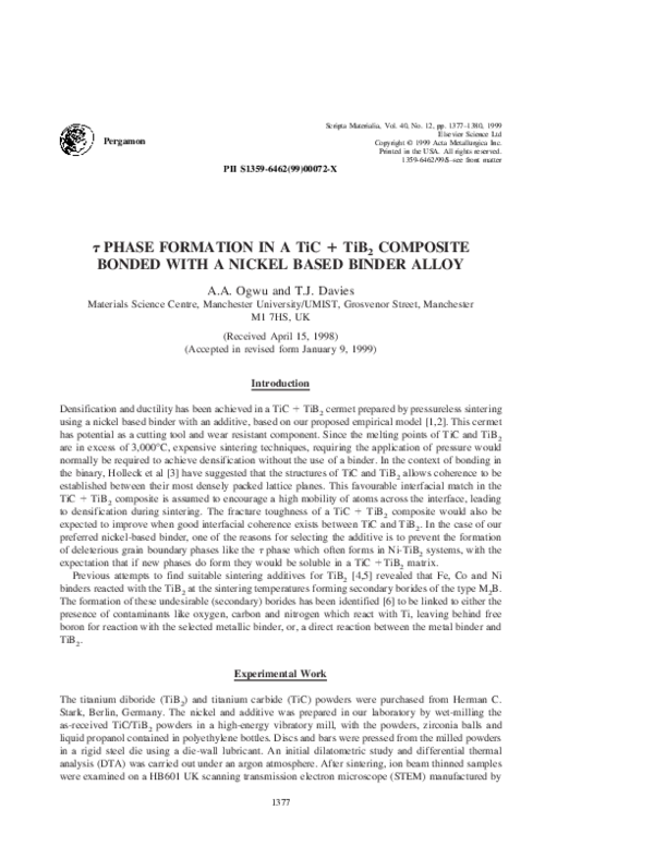 (PDF) Ï phase formation in a TiC + TiB2 composite bonded with a nickel ...