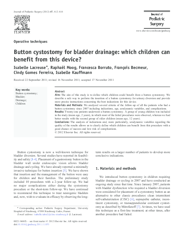 (PDF) Button cystostomy for bladder drainage: which children can ...