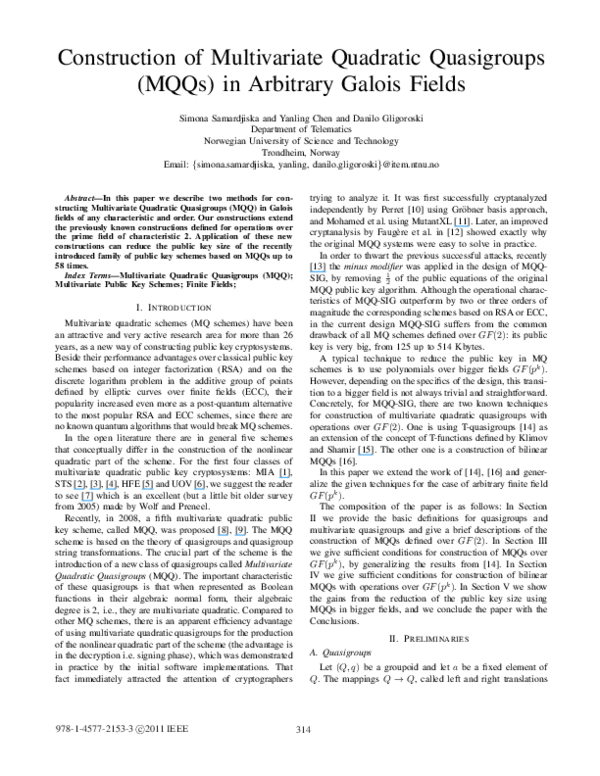 Pdf Construction Of Multivariate Quadratic Quasigroups Mqqs In Arbitrary Galois Fields