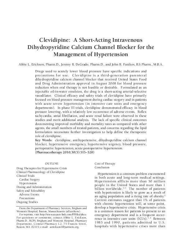 (PDF) Clevidipine: A Short-Acting Intravenous Dihydropyridine Calcium ...