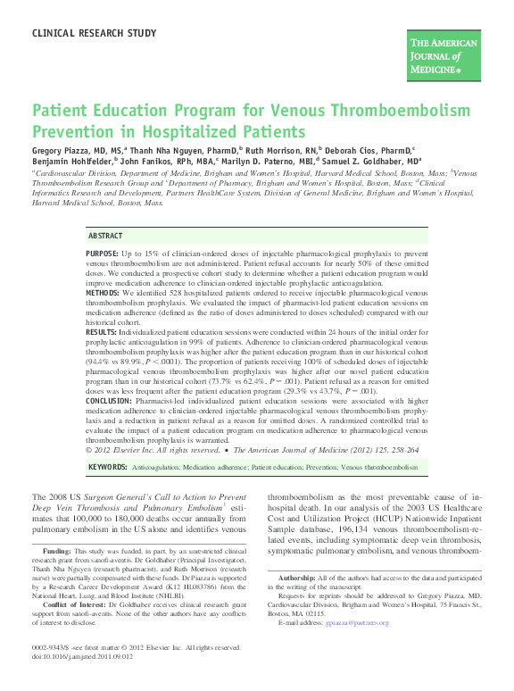 (PDF) Patient Education Program for Venous Thromboembolism Prevention in Hospitalized Patients