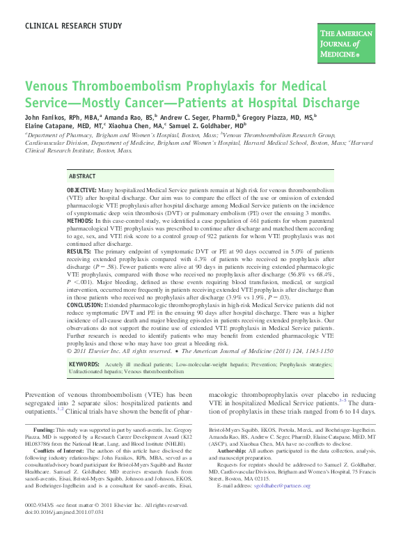 (PDF) Venous Thromboembolism Prophylaxis for Medical Service (Mostly Cancer) Patients at ...