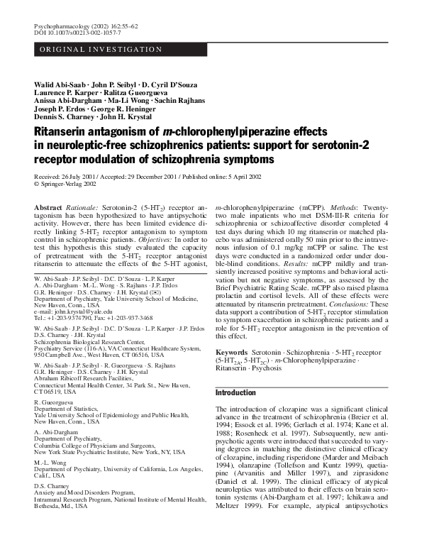 (PDF) Ritanserin antagonism of m -chlorophenylpiperazine effects in ...
