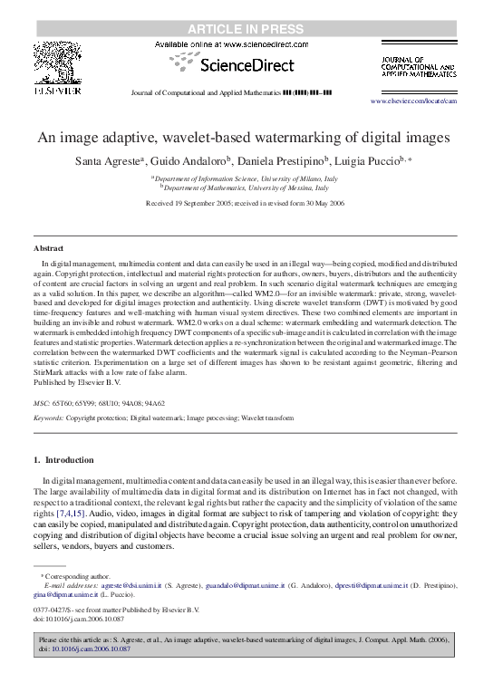 (PDF) An image adaptive, wavelet-based watermarking of digital images