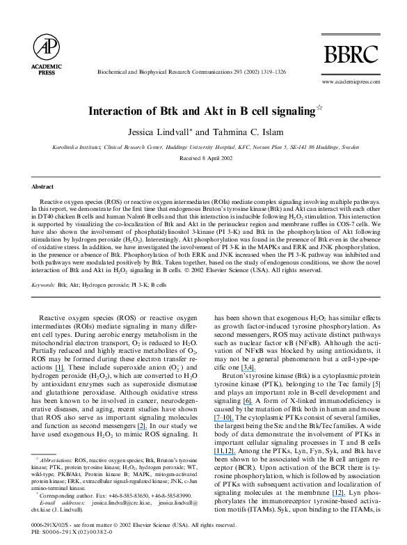 (PDF) Interaction of Btk and Akt in B cell signaling