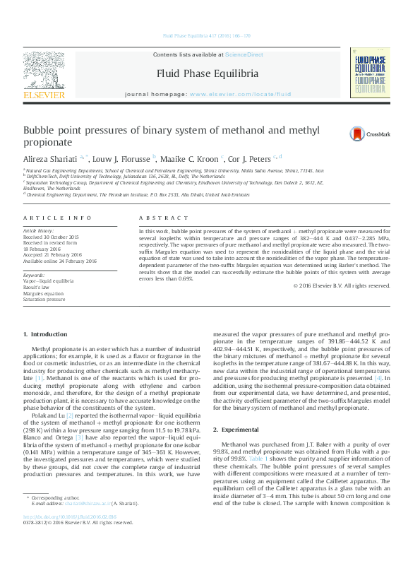 (PDF) Bubble point pressures of binary system of methanol and methyl ...