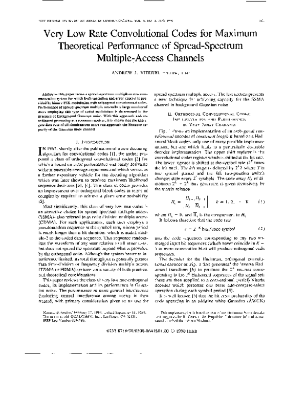 Pdf Very Low Rate Convolution Codes For Maximum Theoretical Performance Of Spread Spectrum