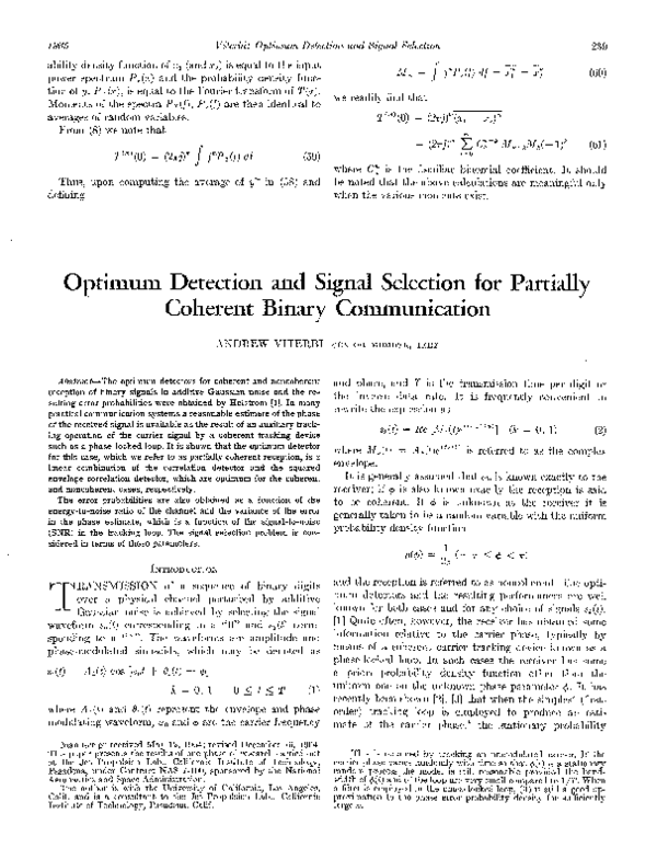 Pdf Optimum Detection And Signal Selection For Partially Coherent