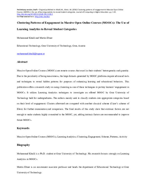 Clustering Patterns Of Engagement In Massive Open Online Courses Moocs The Use Of Learning