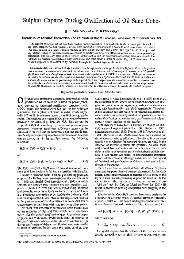 (PDF) Sulphur capture during gasification of oil sand cokes
