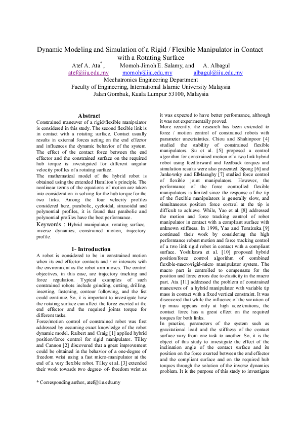 (PDF) Dynamic Modeling and Simulation of a Rigid / Flexible Manipulator in Contact with a ...