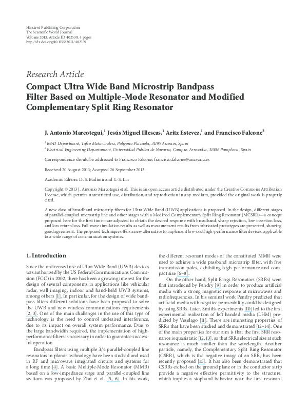 (PDF) Compact Ultra Wide Band Microstrip Bandpass Filter Based on Multiple-Mode Resonator and ...