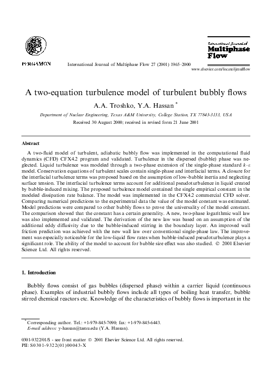 (PDF) A two-equation turbulence model of turbulent bubbly flows