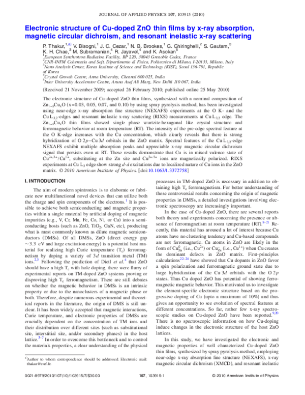 (PDF) Electronic structure of Cu-doped ZnO thin films by x-ray ...