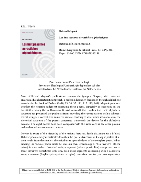 Review of: Roland Meynet, Huit psaumes acrostiches alphabétiques (2015)