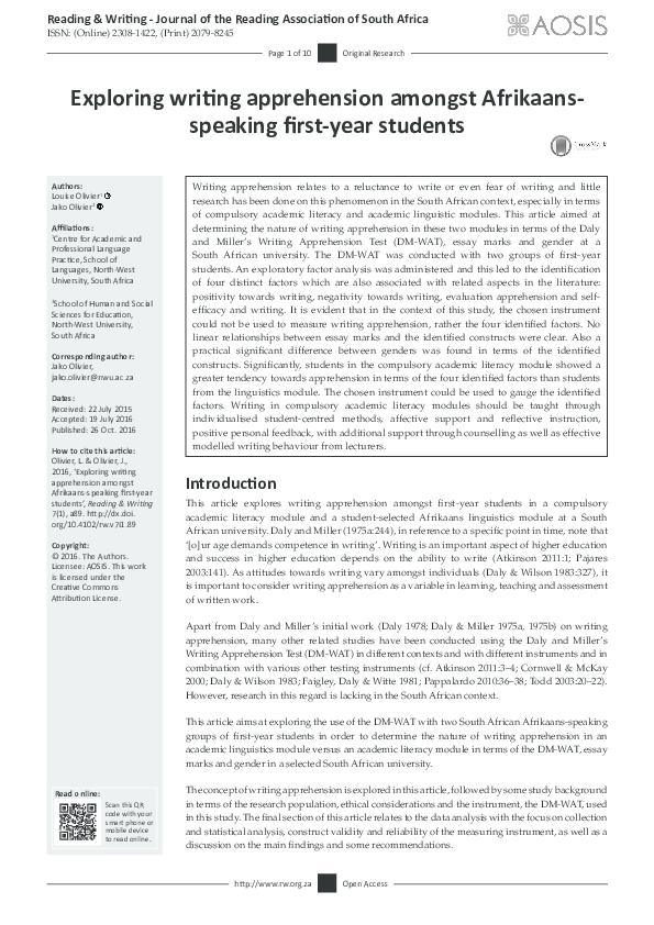 (PDF) Exploring writing apprehension amongst Afrikaans-speaking first ...