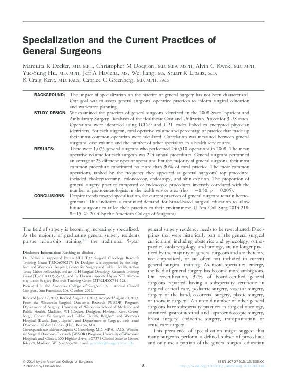 (PDF) Specialization and the Current Practices of General Surgeons