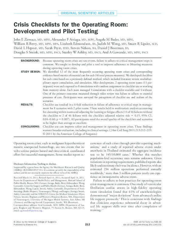 (PDF) Crisis Checklists for the Operating Room: Development and Pilot ...