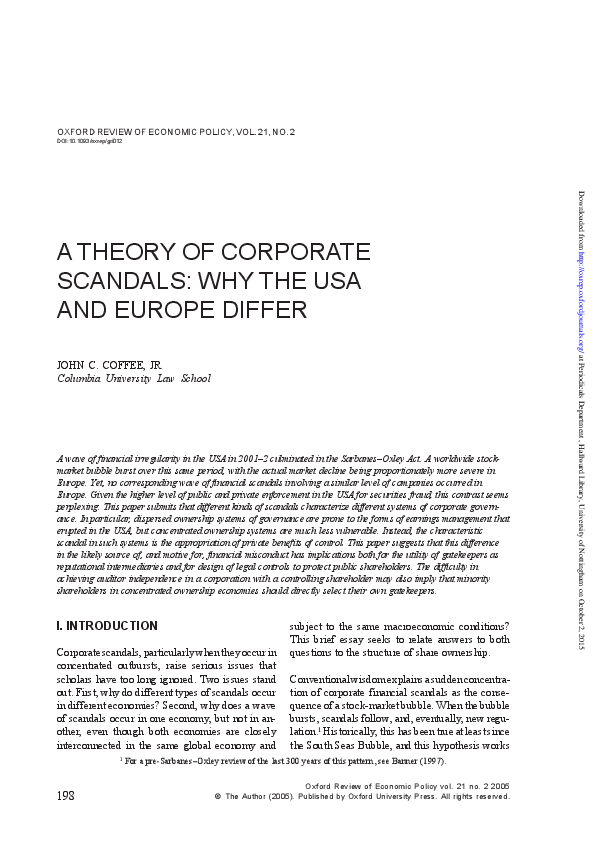(PDF) A THEORY OF CORPORATE SCANDALS: WHY THE USA AND EUROPE DIFFER