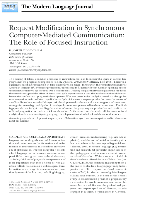 Pdf Request Modification In Synchronous Computer Mediated Communication The Role Of Focused 