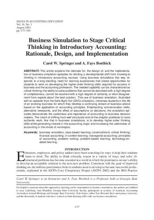 (PDF) Business Simulation to Stage Critical Thinking in Introductory ...