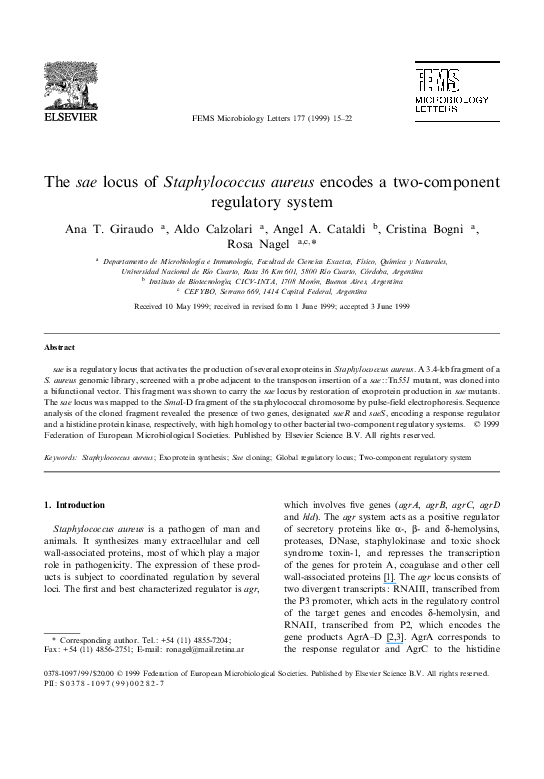 (PDF) The sae locus of Staphylococcus aureus encodes a two-component ...