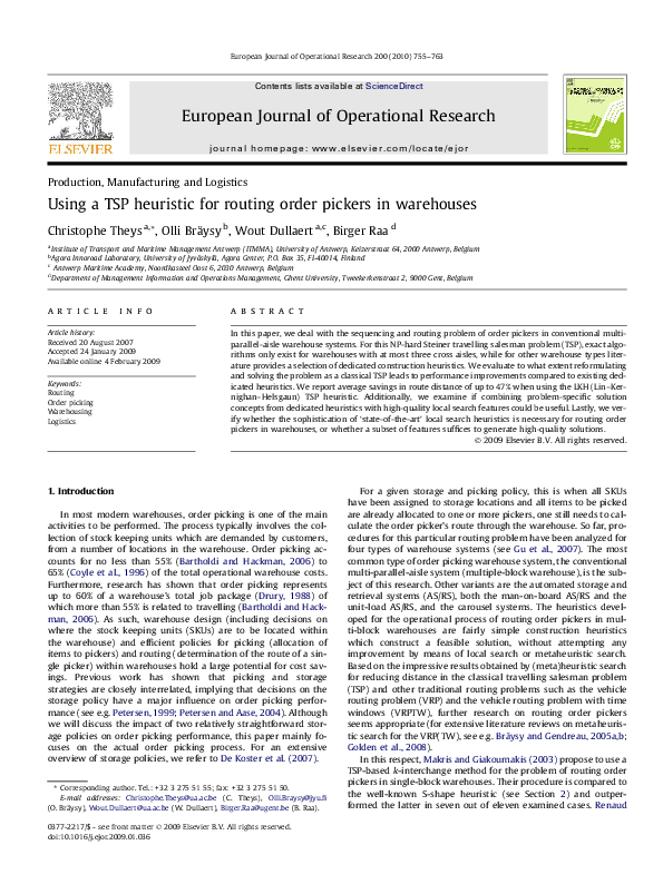 (PDF) Using a TSP heuristic for routing order pickers in warehouses