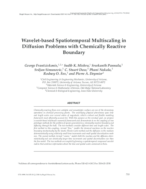 Pdf Wavelet Based Spatiotemporal Multiscaling In Diffusion Problems With Chemically Reactive