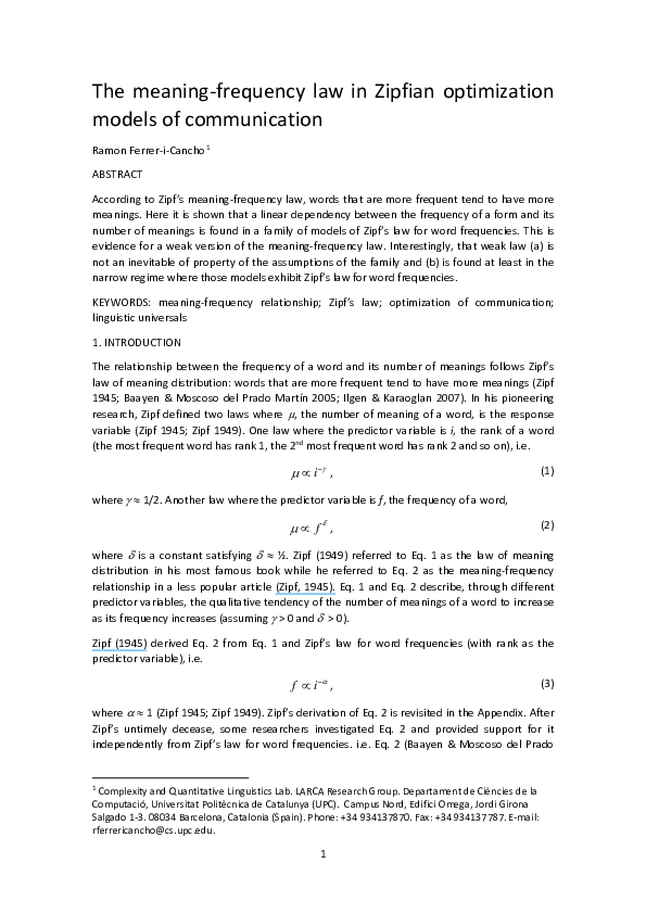 (PDF) The meaning-frequency law in Zipfian optimization models of ...