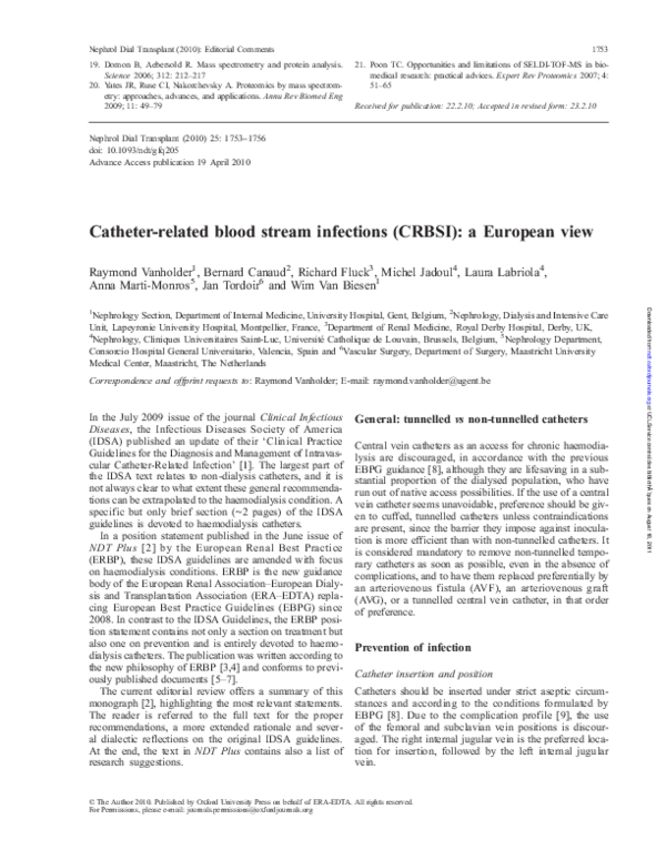 (PDF) Catheter-related blood stream infections (CRBSI): a European view ...