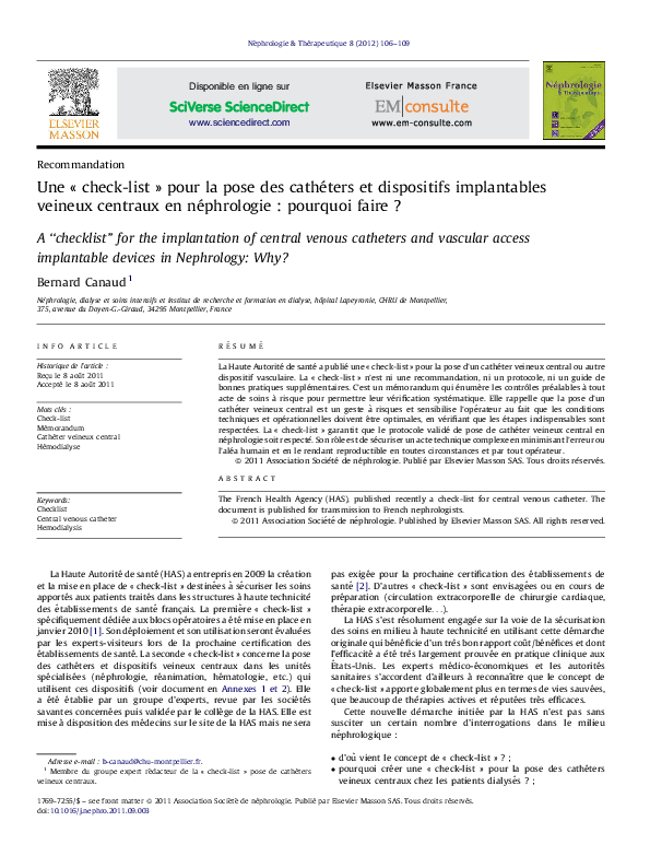 (PDF) [A "checklist" for the implantation of central venous catheters ...