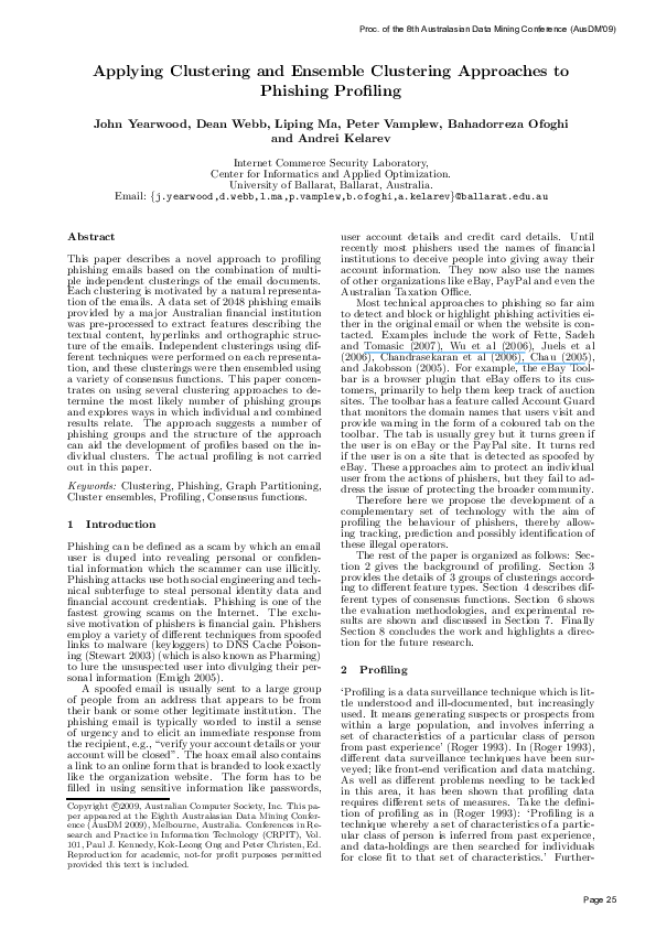 (PDF) Applying clustering and ensemble clustering approaches to phishing profiling