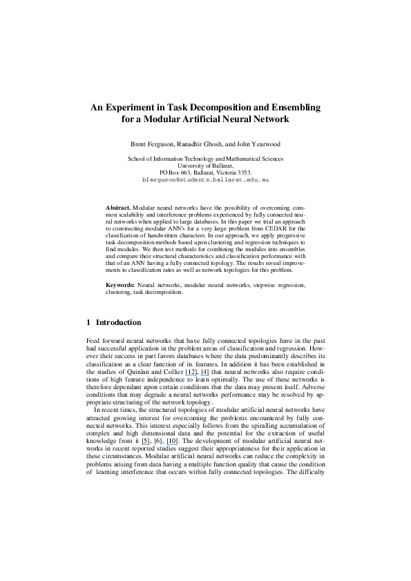 (PDF) An Experiment in Task Decomposition and Ensembling for a Modular Artificial Neural Network