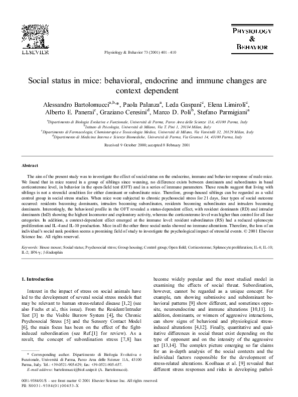 (PDF) Social status in mice: behavioral, endocrine and immune changes ...