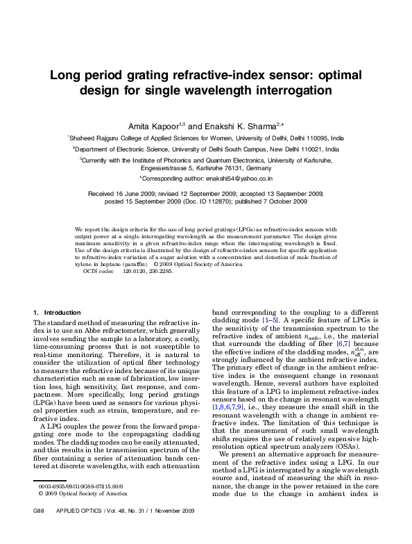 (PDF) LONG PERIOD GRATING REFRACTIVE INDEX SENSOR: OPTIMAL DESIGN FOR SINGLE WAVELENGTH ...