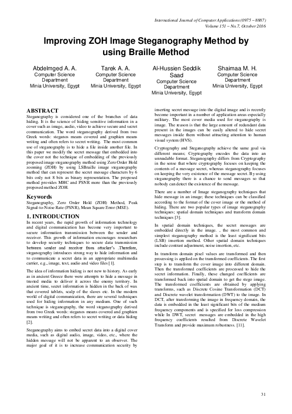 (PDF) Improving ZOH Image Steganography Method by using Braille Method