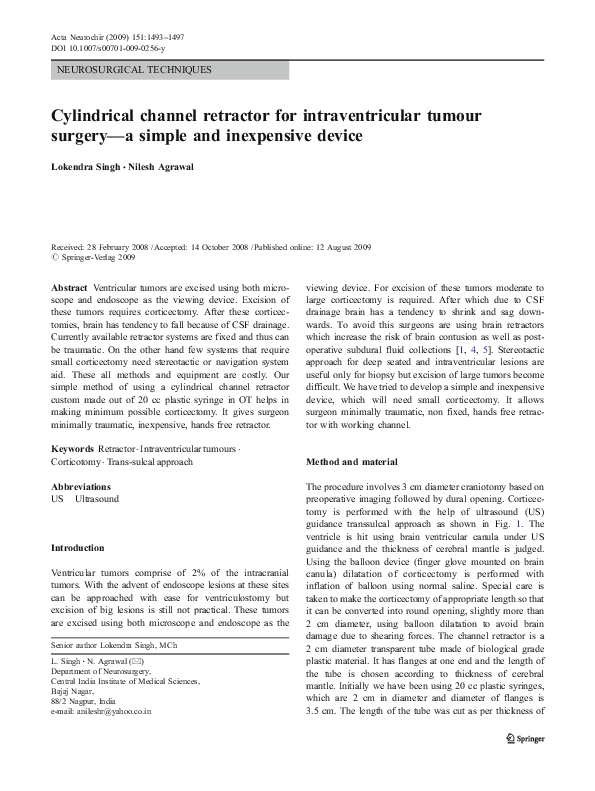 (PDF) Cylindrical channel retractor for intraventricular tumour surgery ...