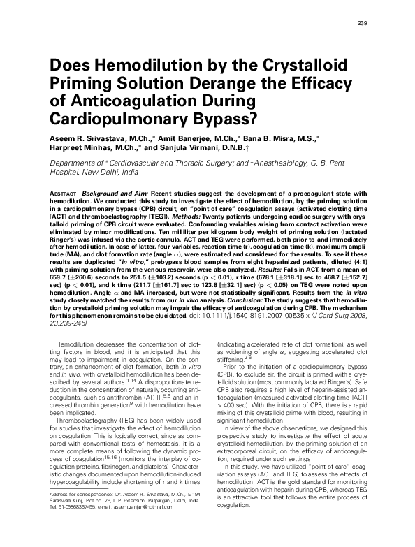 (PDF) Does Hemodilution by the Crystalloid Priming Solution Derange the ...